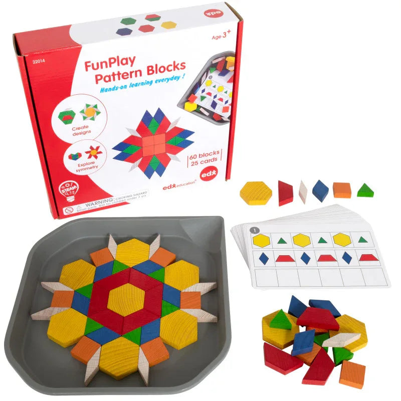 FunPlay Pattern Blocks - Set of 60 Wooden Math Manipulatives + 50 Acti ...