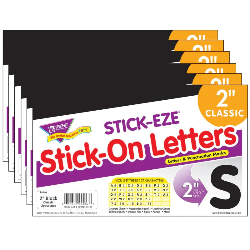Black 2" STICK-EZE® Stick-On Letters, 107 Pieces Per Pack, 6 Packs ...