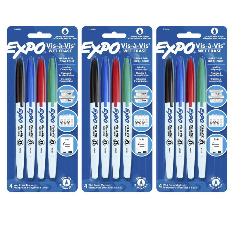 Vis-à-Vis Wet Erase Marker Set, Fine Tip, 4 Colors Per Pack, 3 Packs ...