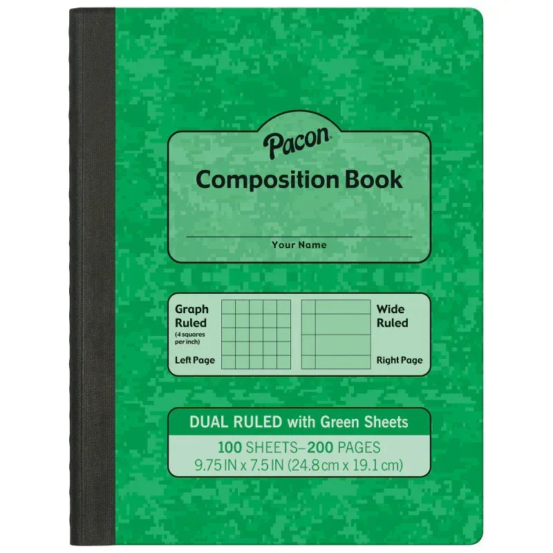 Dual Ruled Composition Book, Green, 1/4 in grid and 3/8 in (wide) 9-3 ...