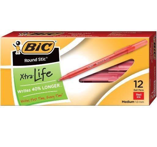 BIC Round Stic Xtra Life Ball Pens, Medium Point (1.0 mm), Red, 12-Cou ...